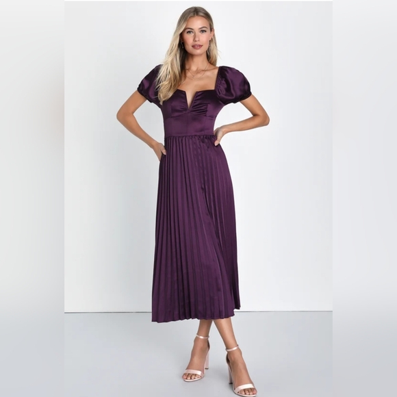 Lulus | Dresses | Flawless Forever Dark Purple Satin Pleated Midi Dress ...
